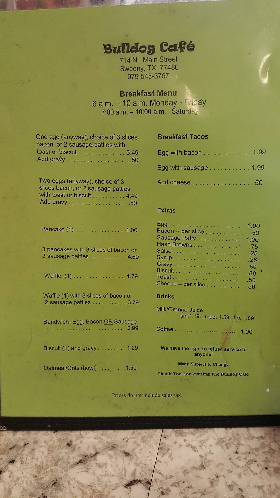 Menu at Bulldog Cafe, Sweeny