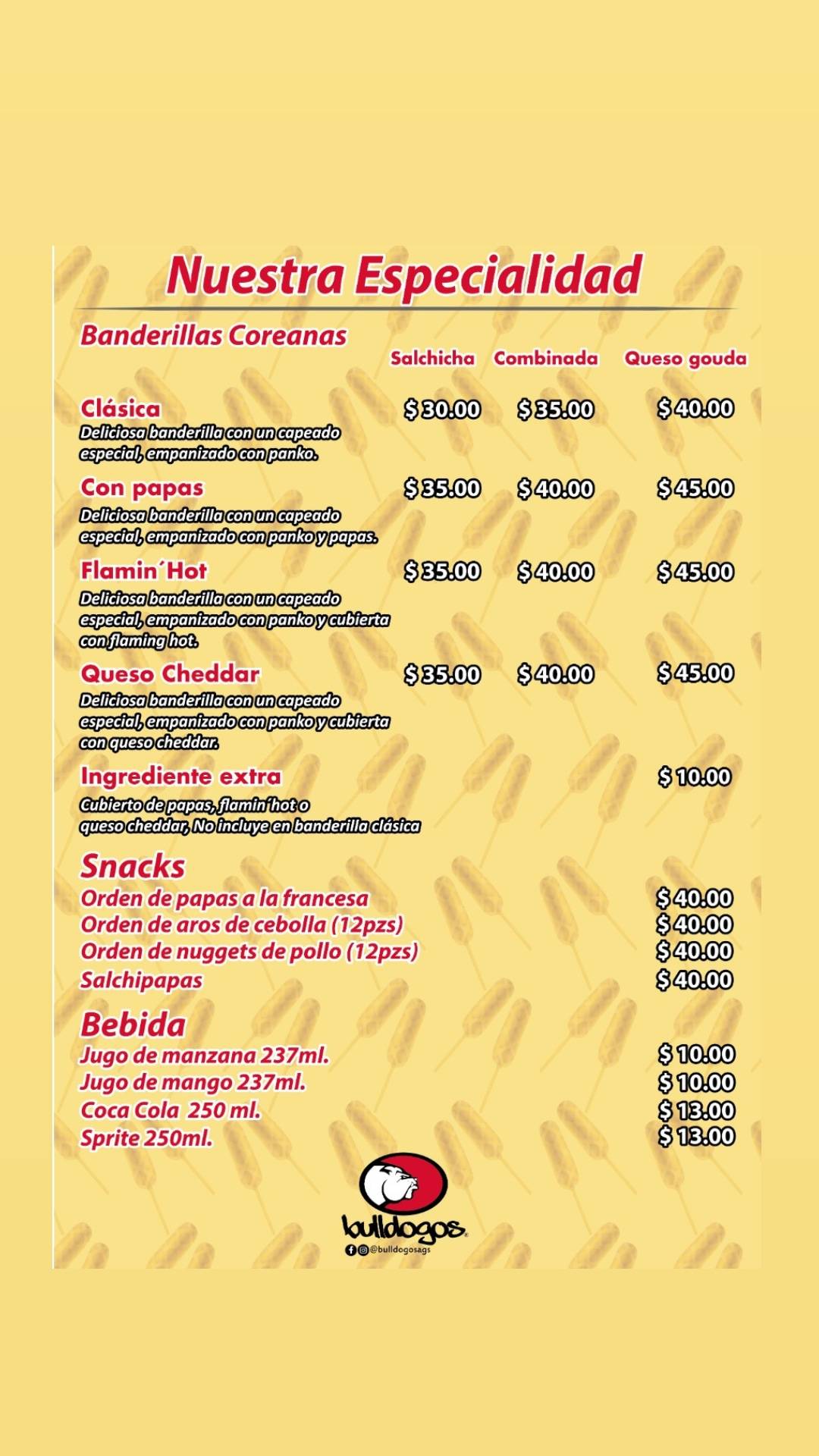 Carta del restaurante Bulldogos Ags Banderillas Coreanas y Dogos ...