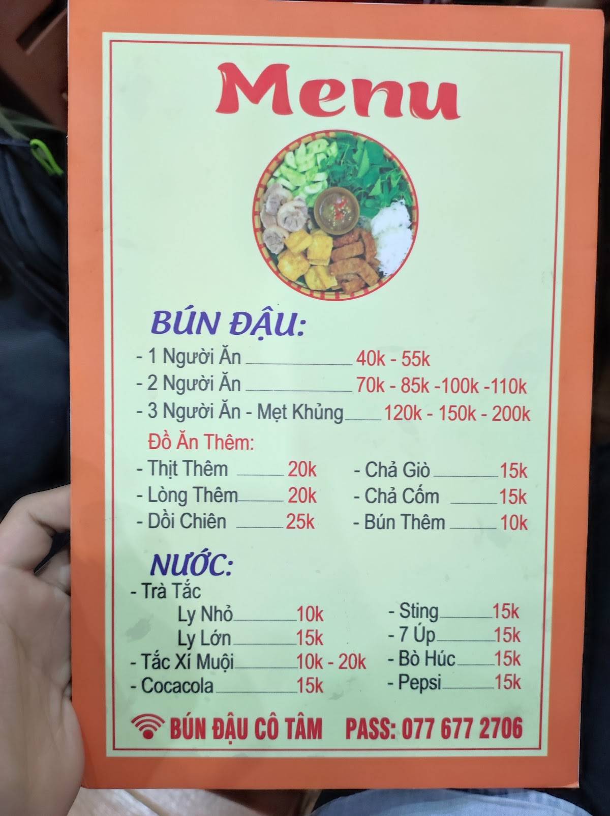 Menu at Bún Đậu cô Tâm restaurant, Bien Hoa