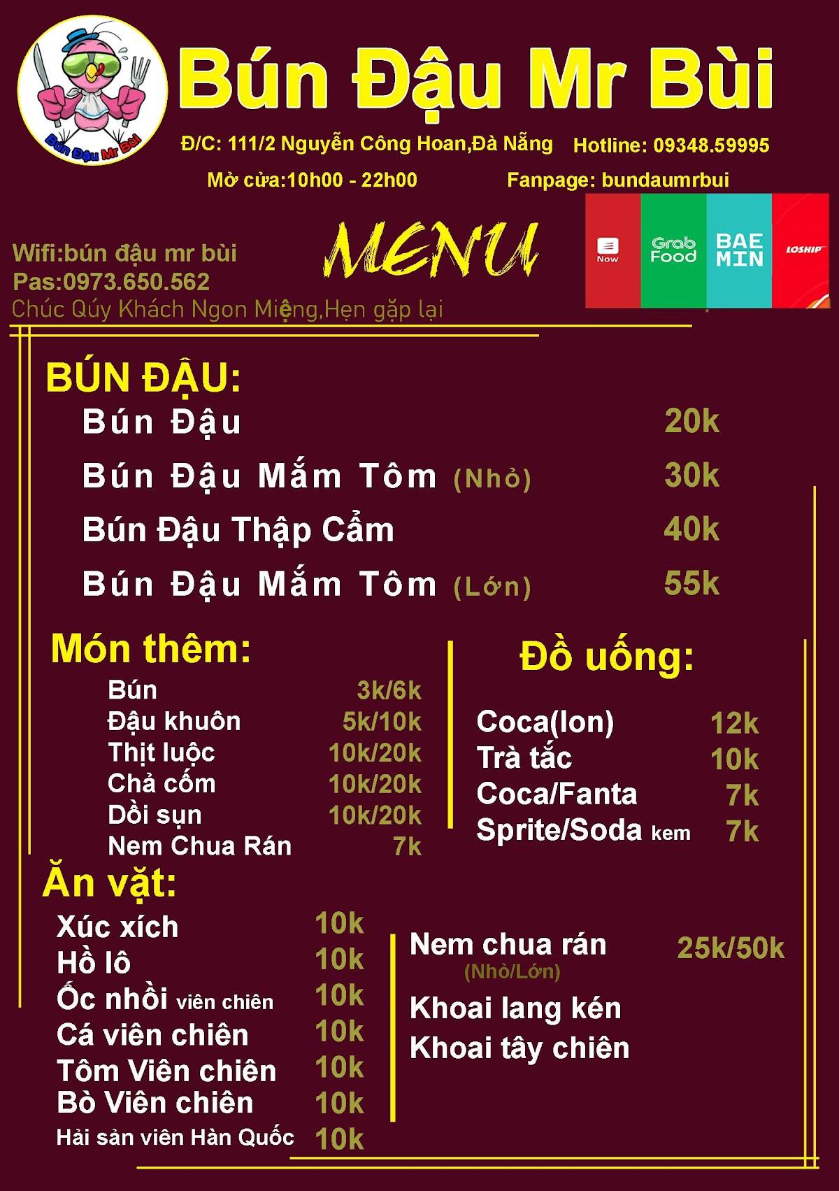 Menu at Mr Bùi - Bún Đậu Mắm Tôm restaurant, Da Nang