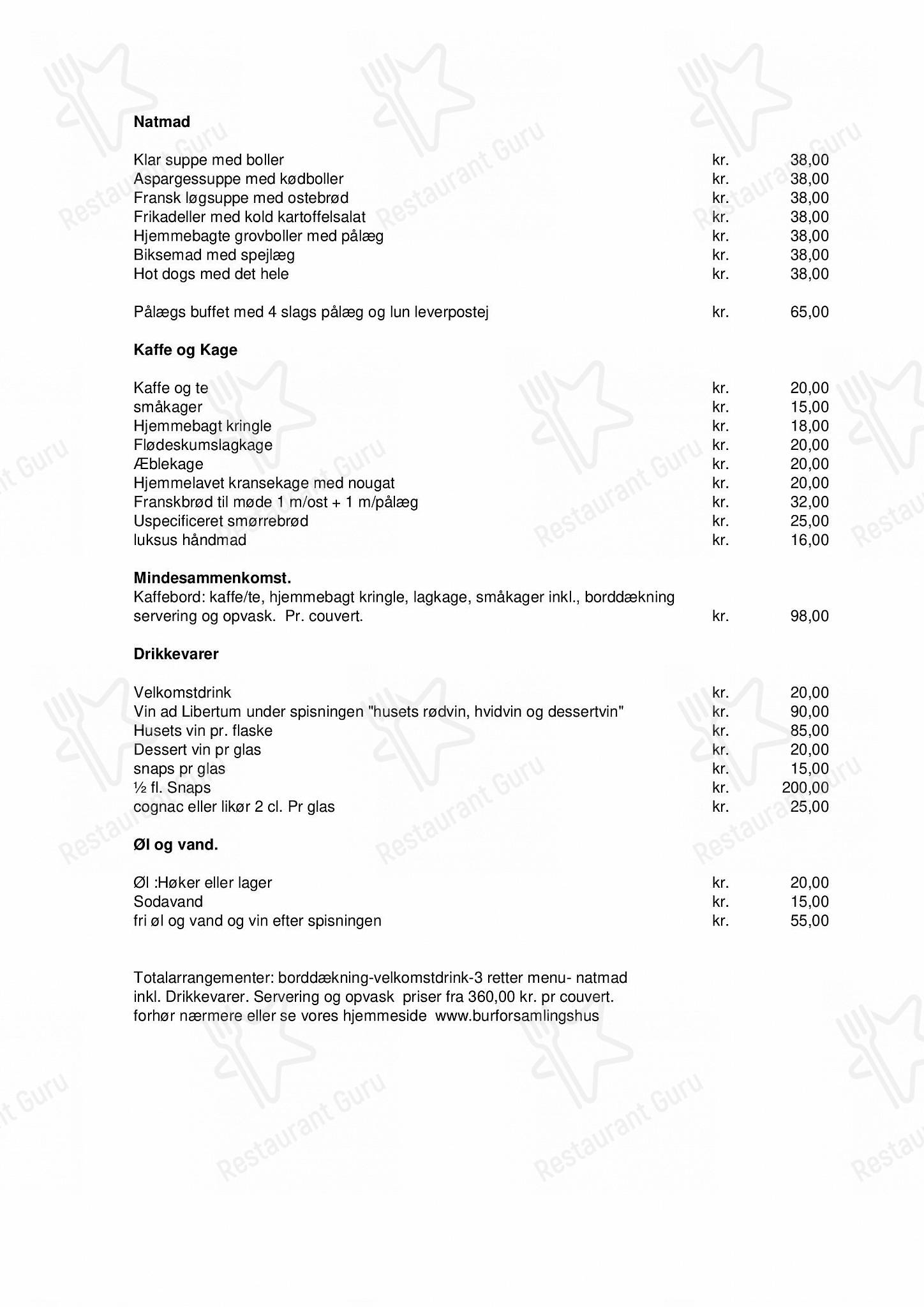 Menu at Bur Forsamlingshus restaurant, Ulfborg, Ove Krarupsvej 4