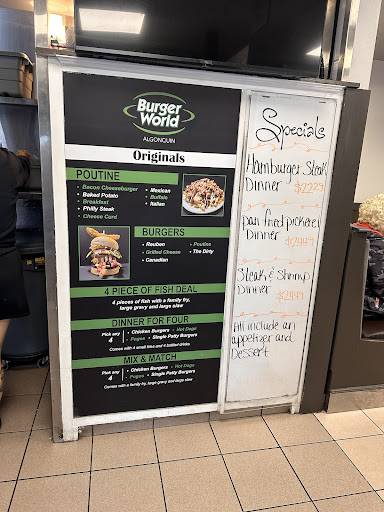 Menu at Burger World restaurant, North Bay, Algonquin Ave
