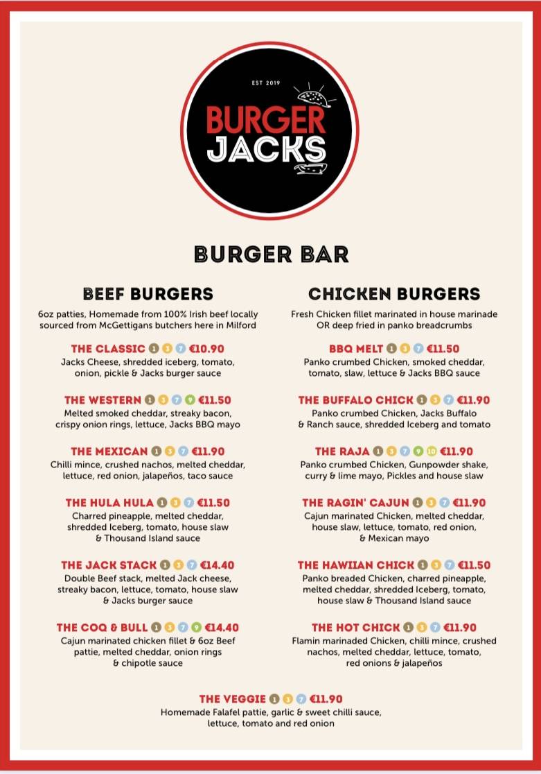 Menu at Burger Jacks restaurant, Milford