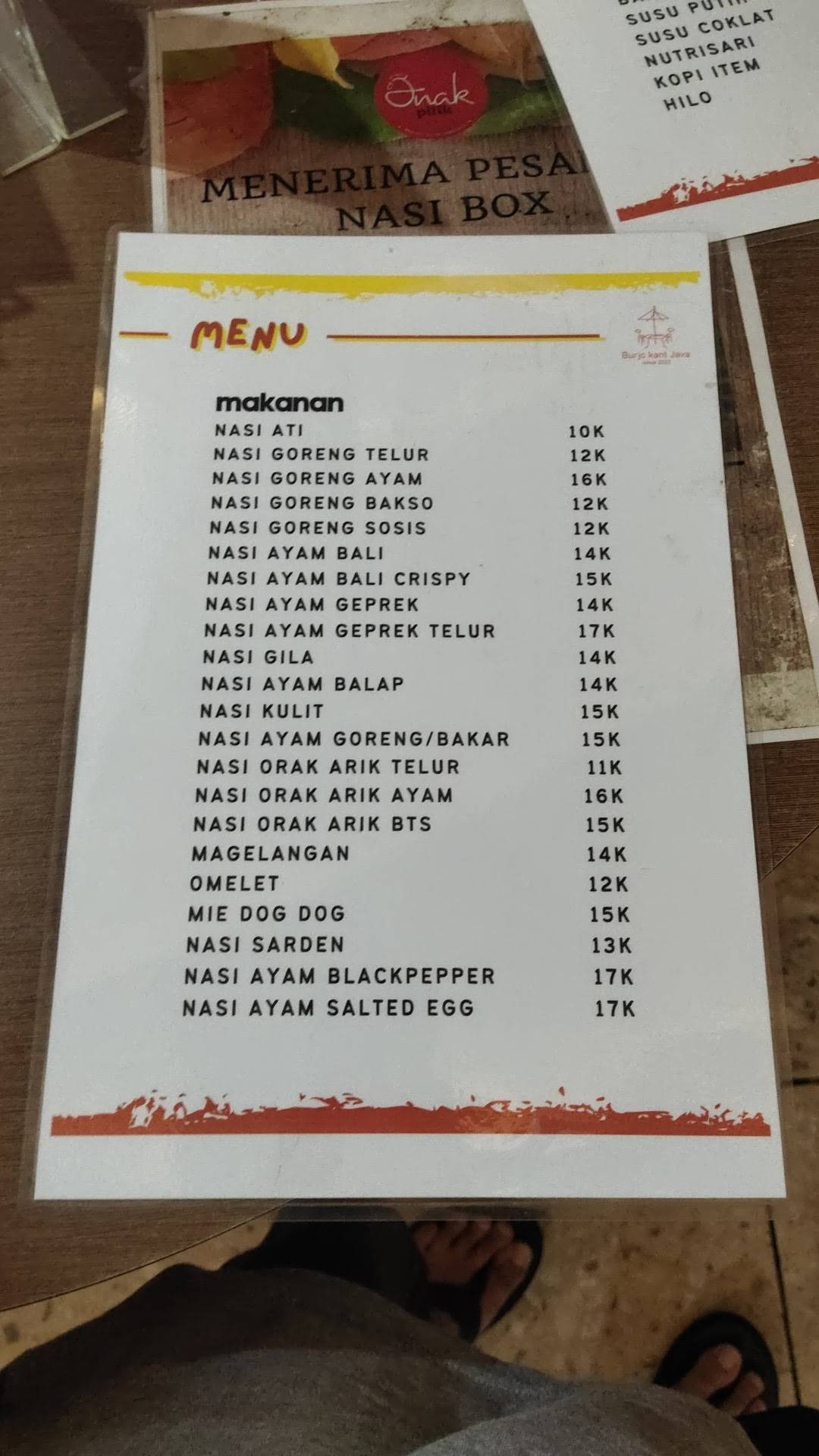 Menu at Burjo Kant Java restaurant, Semarang