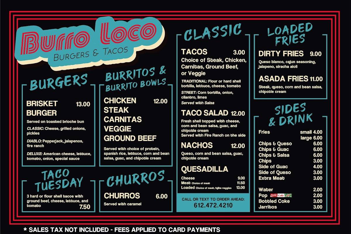 Menu at Burro Loco restaurant, Saint Francis