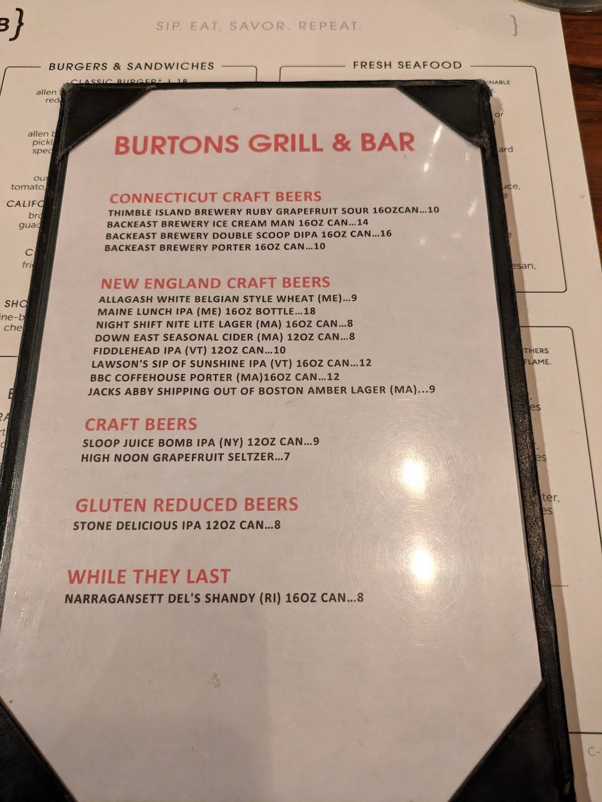 Menu at Burtons Grill & Bar, South Windsor