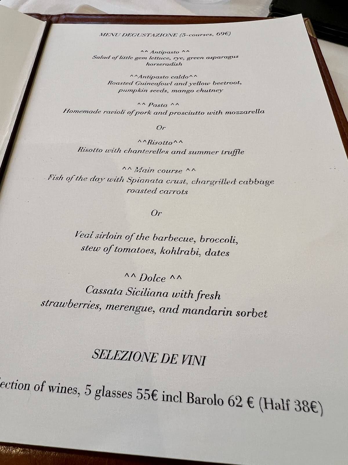 Menu at Bussia, Amsterdam, Reestraat 28-32