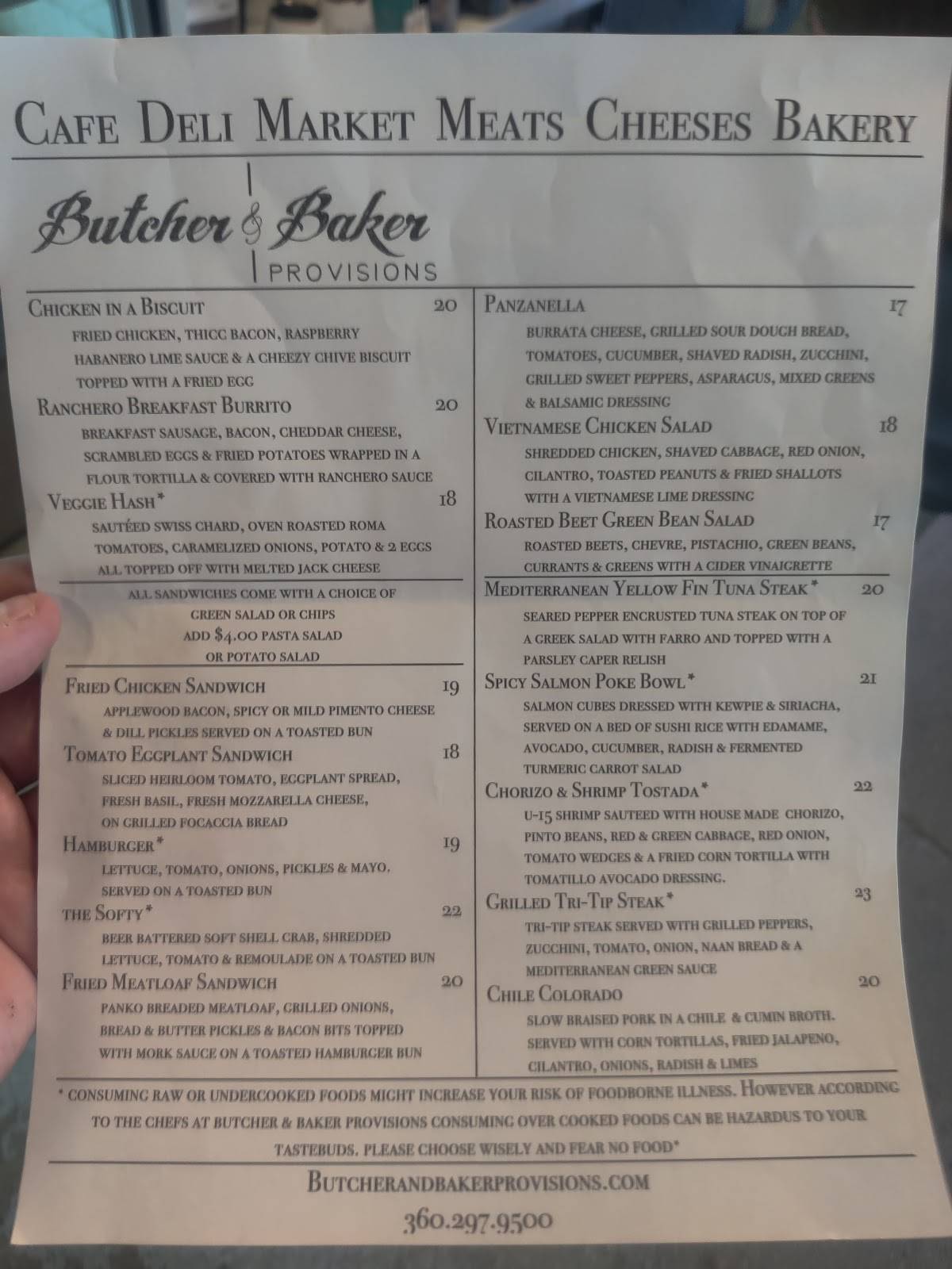 Menu at Butcher & Baker Provisions restaurant, Port Gamble