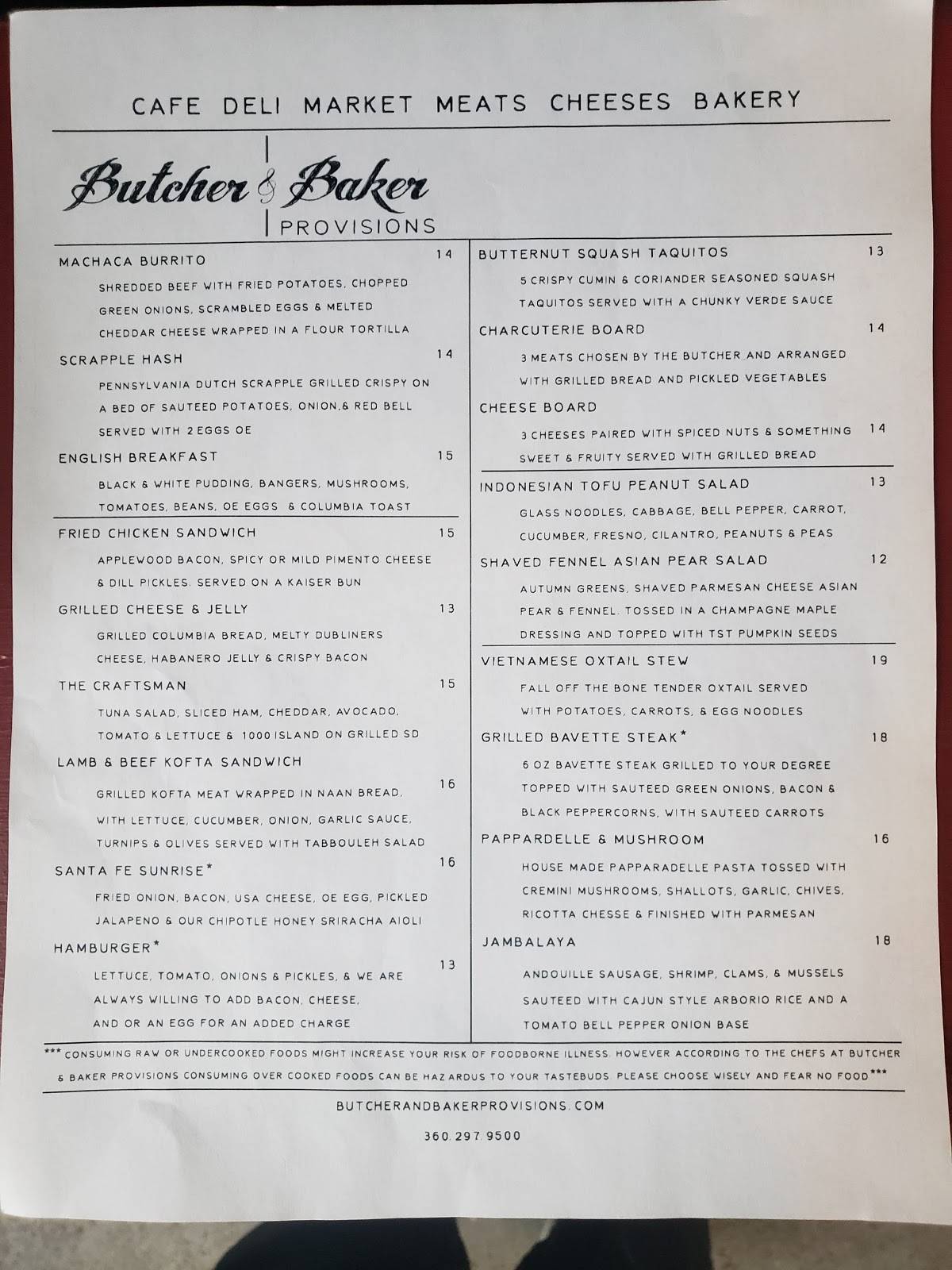 Menu at Butcher & Baker Provisions restaurant, Port Gamble