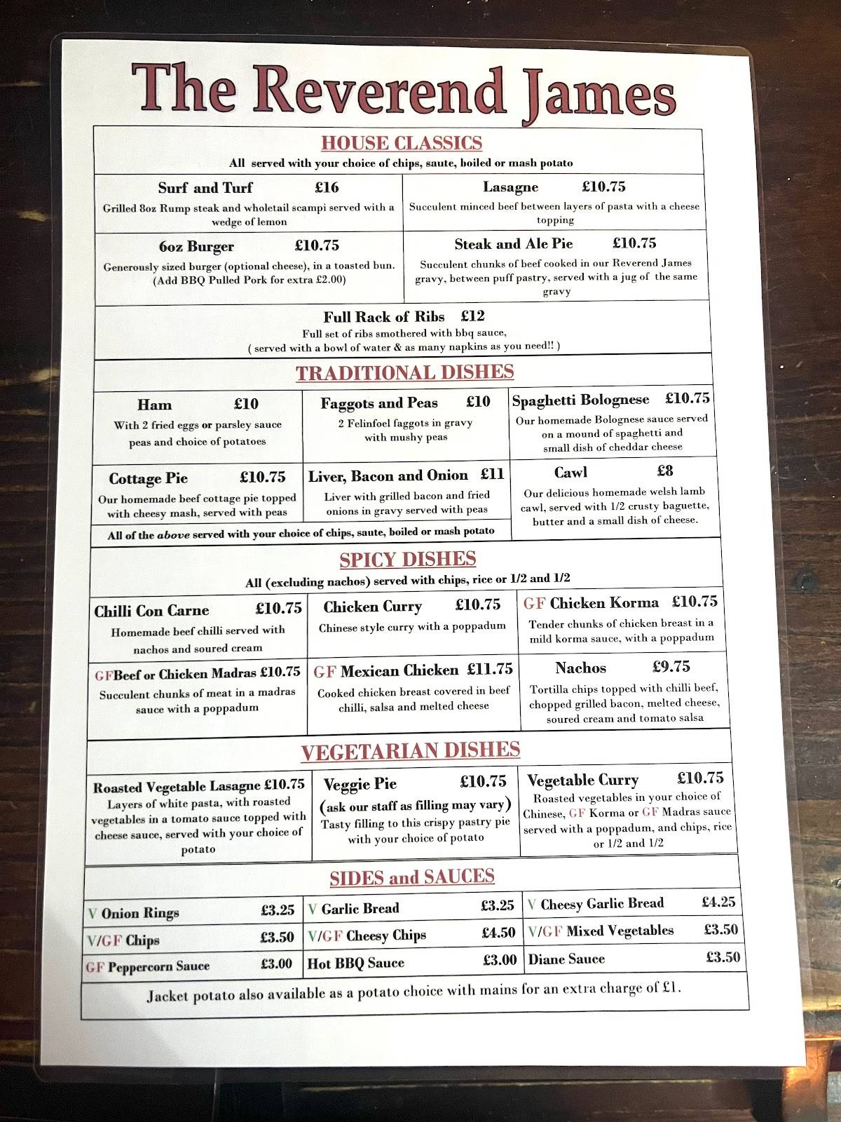 Menu at Reverend James pub & bar, Bynea