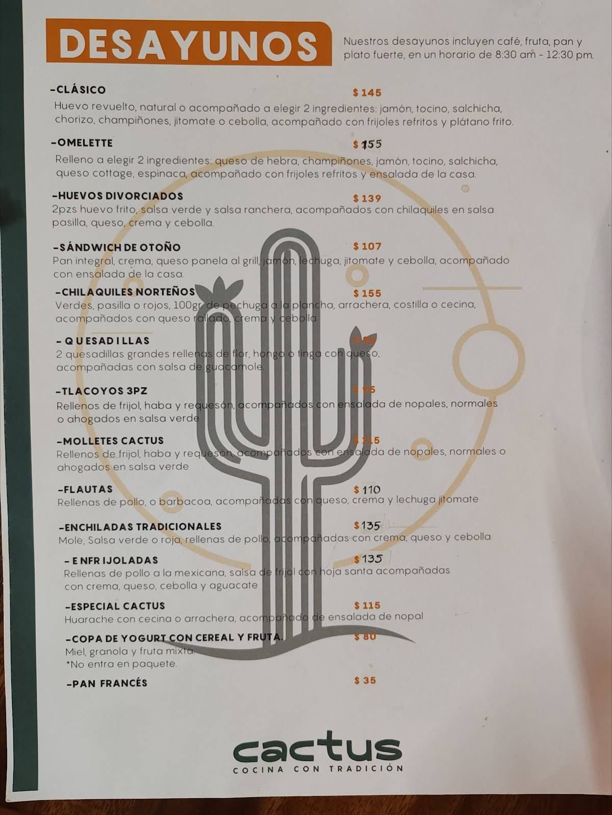 Menu at CACTUS restaurant, Texcoco