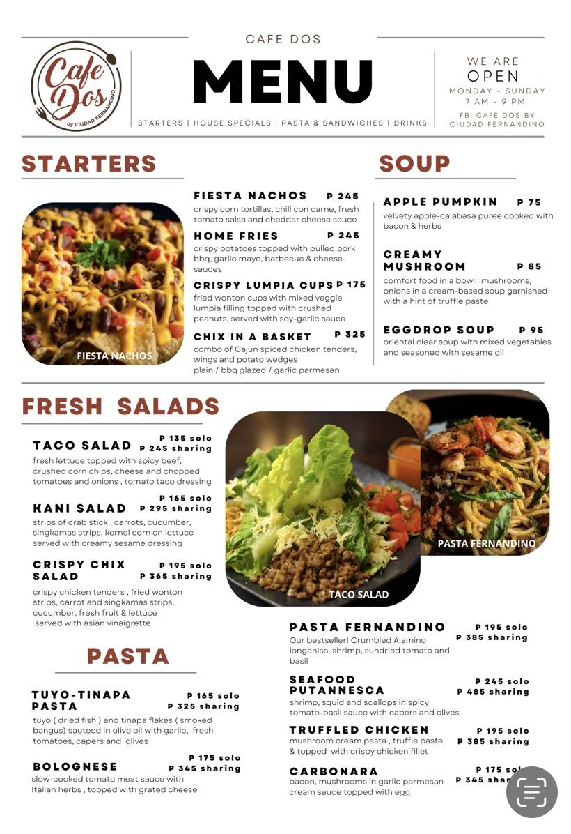 Menu at CAFE DOS by Ciudad Fernandino Urdaneta, Urdaneta City