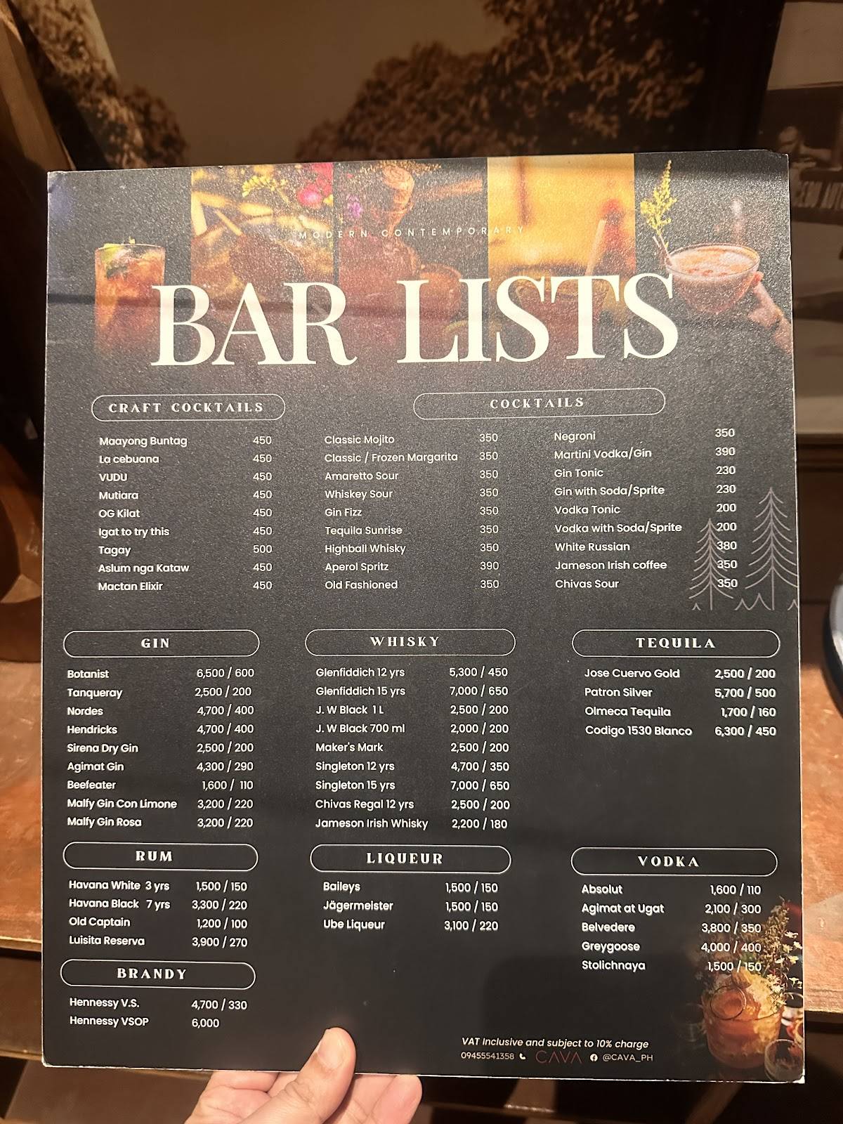 Menu at CAVA restaurant, Cebu City