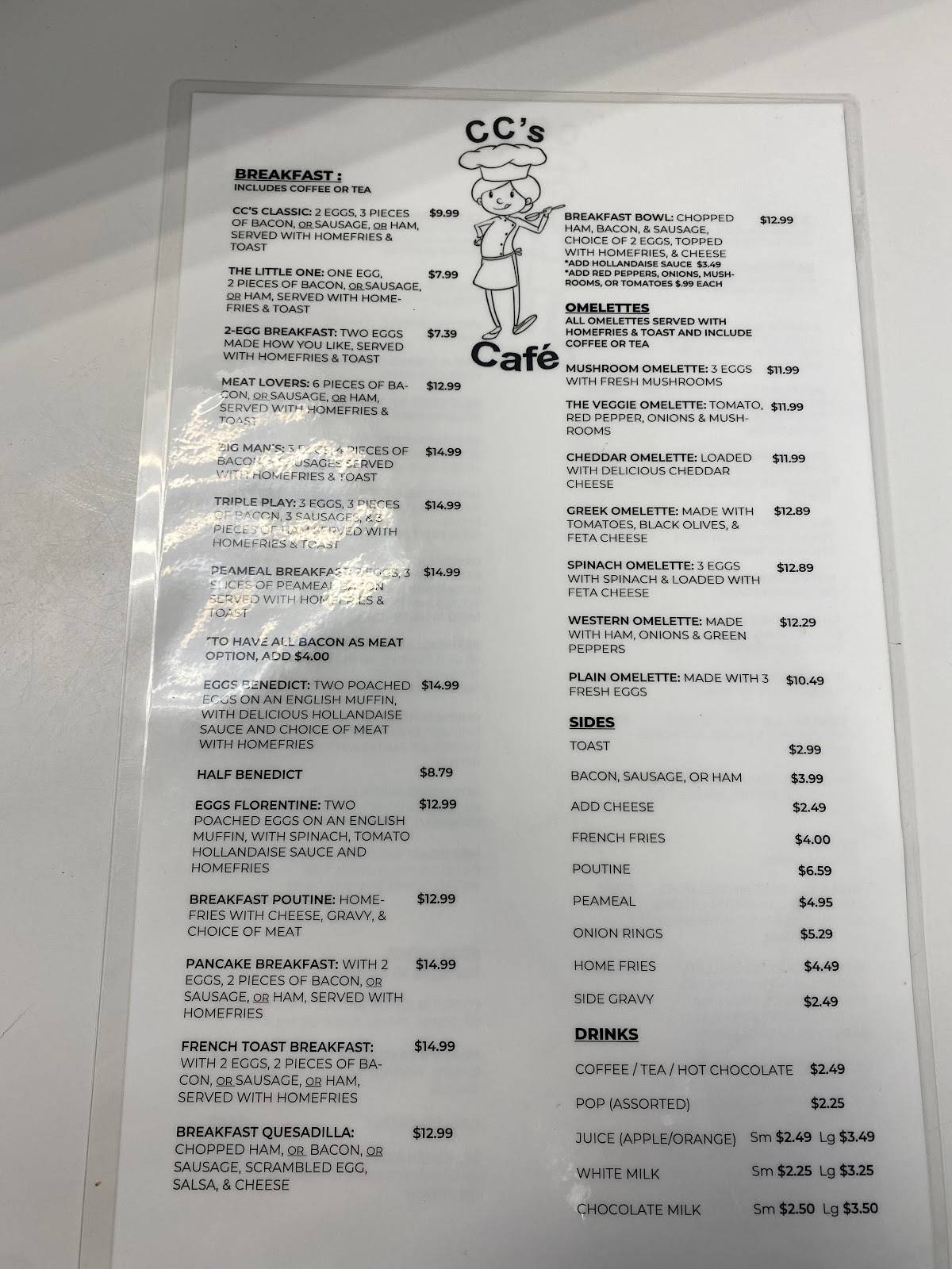 Menu at CC’s Café, Peterborough