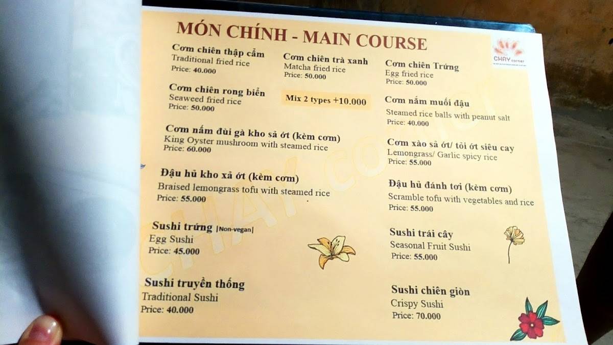 Menu at CHAY corner in Hoi An - Vietnamese Dumplings restaurant, Hoi An