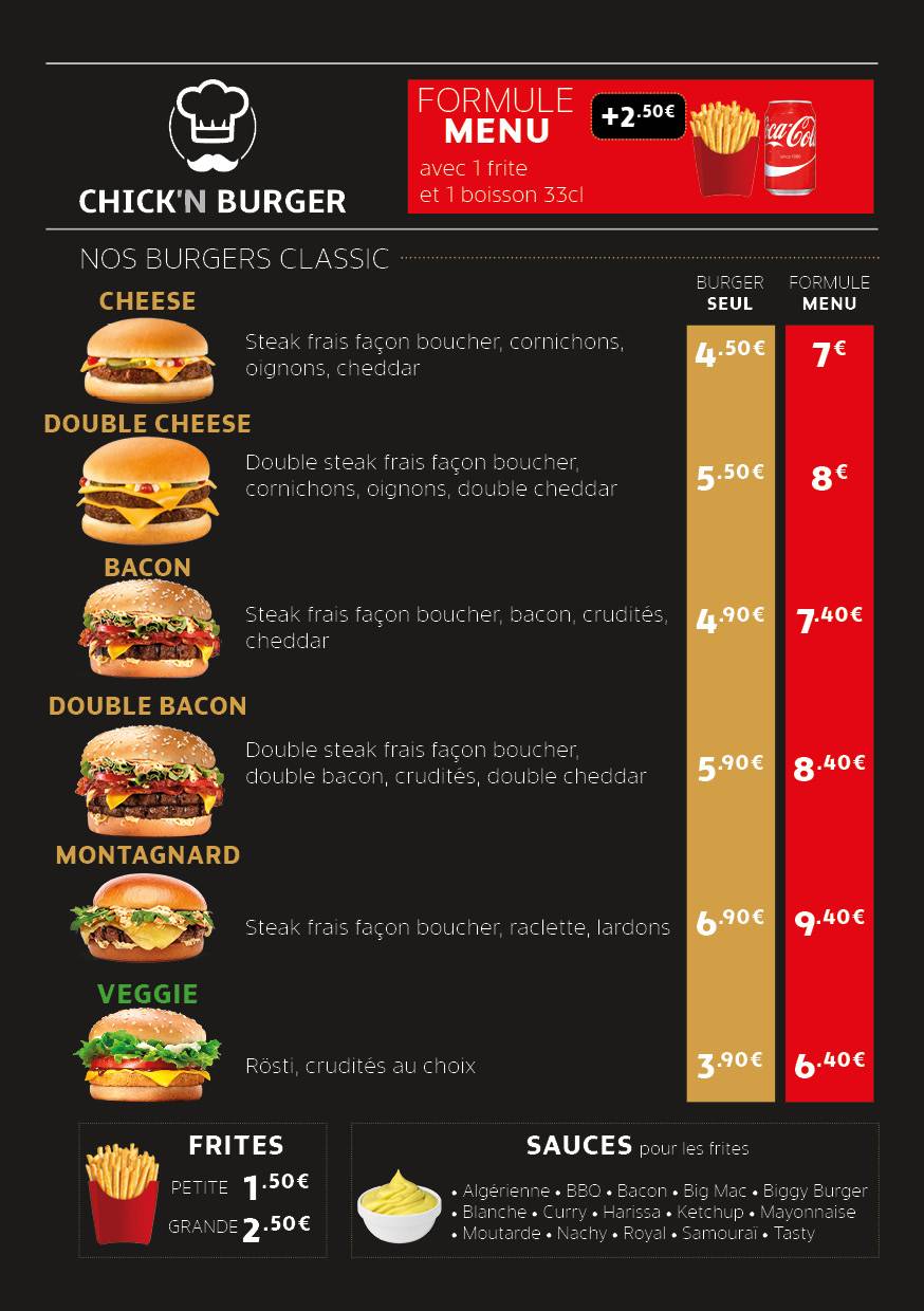 Menu at CHICK'N BURGER restaurant, Besançon