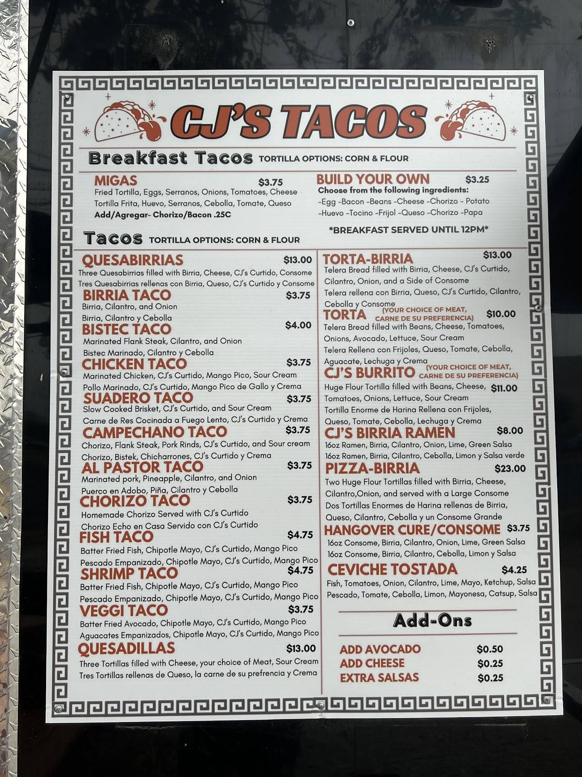 Carta del restaurante CJ's Tacos - Burleson, Austin
