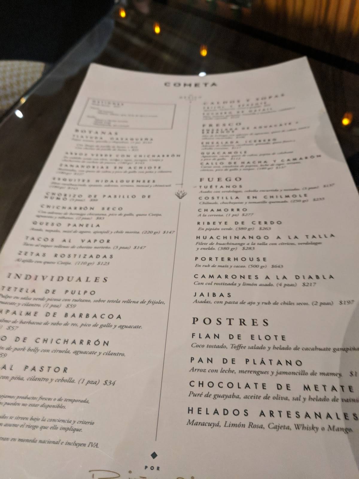 Carta del restaurante Cometa, San Pedro Garza García