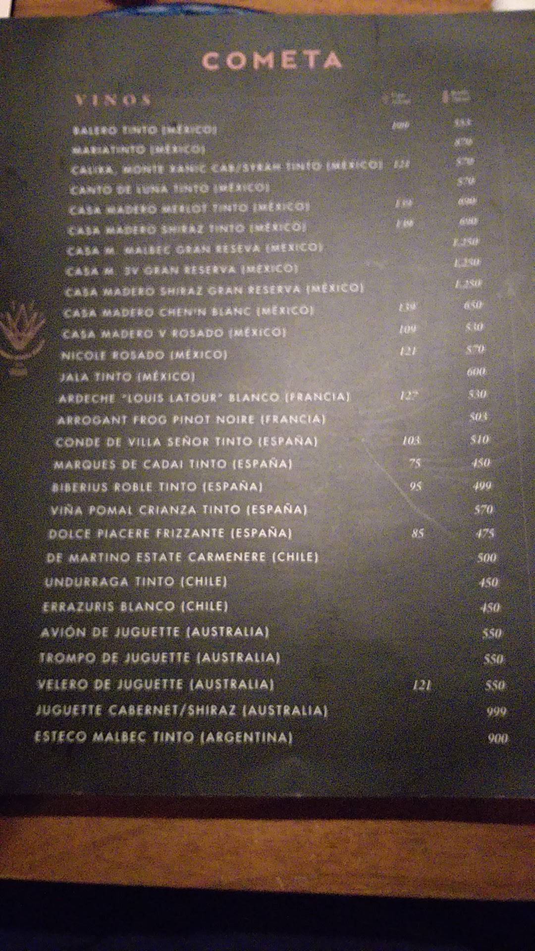 Carta del restaurante Cometa, San Pedro Garza García