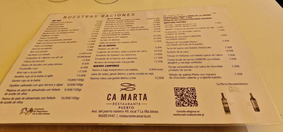 Carta de Restaurante Ca Marta, Villajoyosa