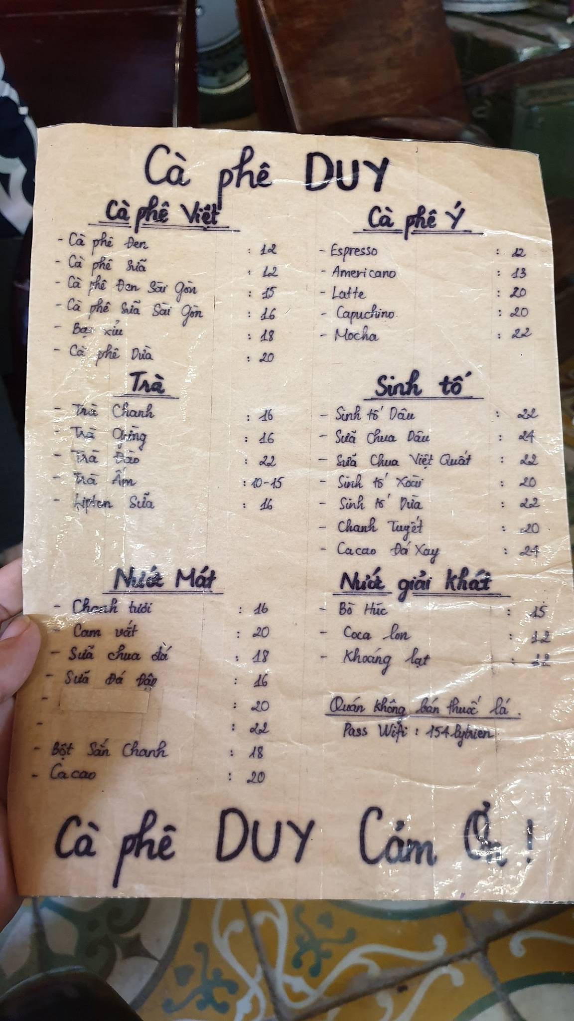 Menu at Cà Phê Duy cafe, Da Nang