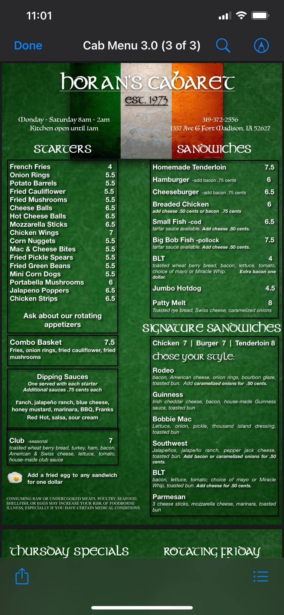 Menu at Cabaret, Fort Madison