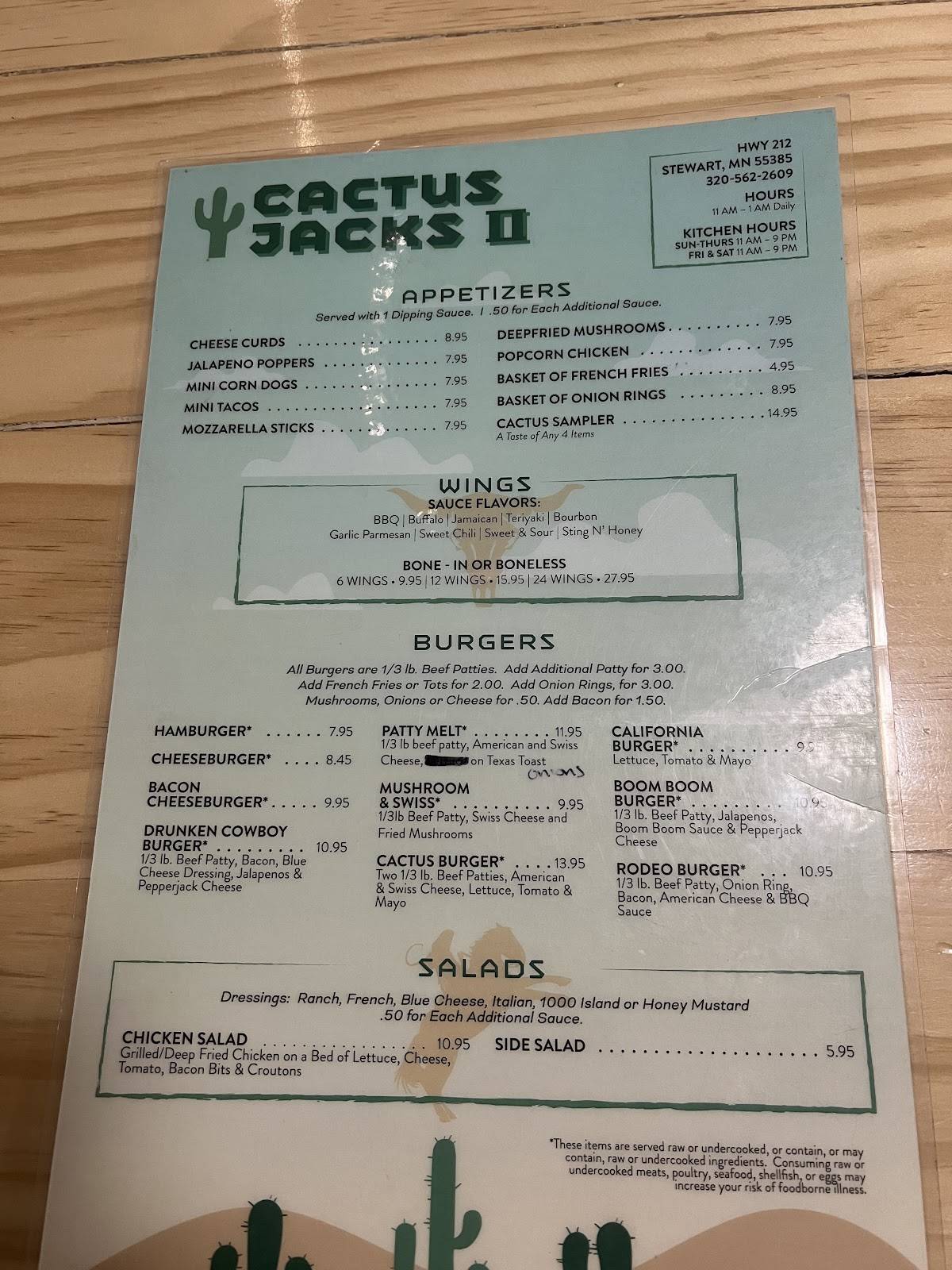 Carta del pub y bar Cactus Jack's II, Stewart