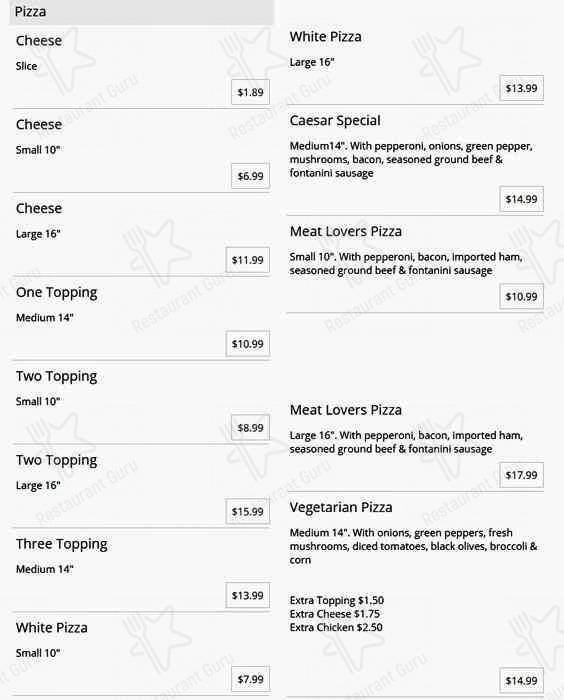 Menu at Caesar's Pizza Palace pizzeria, Princess Anne