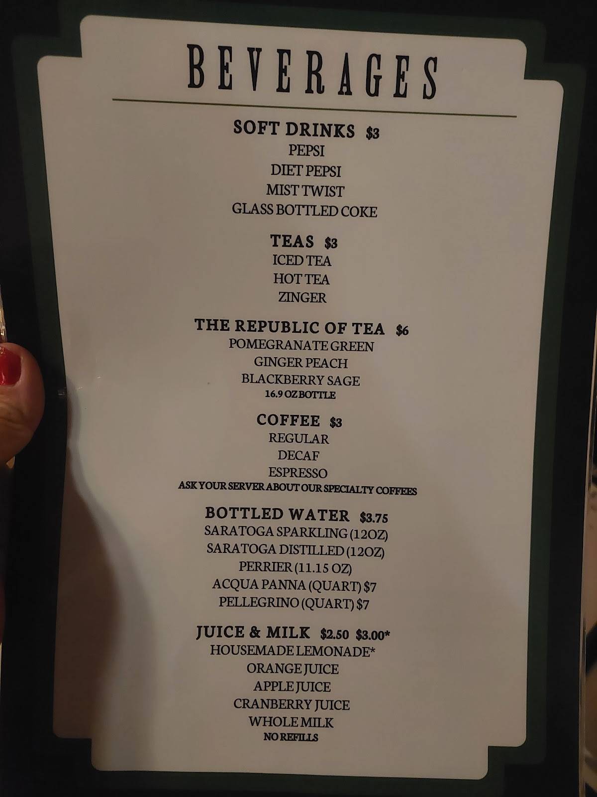 Menu at Café Alcazar cafe, St. Augustine