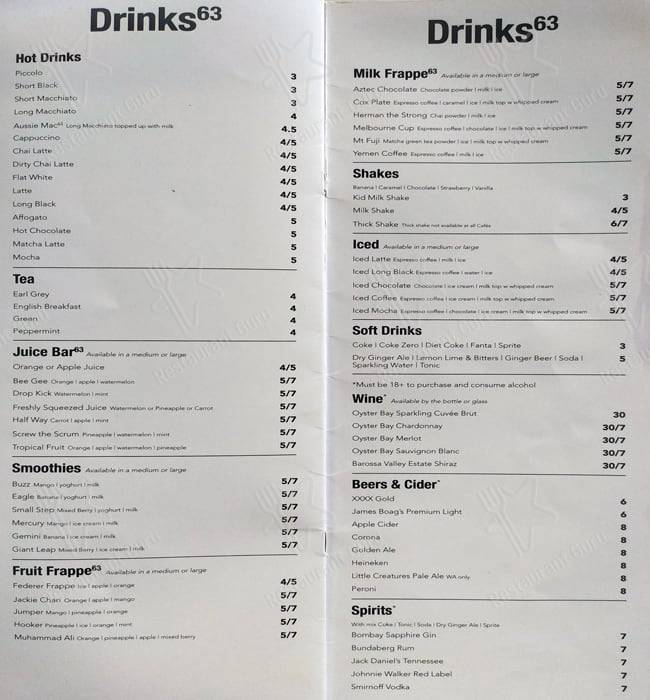 Menu at Cafe 63 - Redcliffe, Redcliffe, 185 Redcliffe Parade
