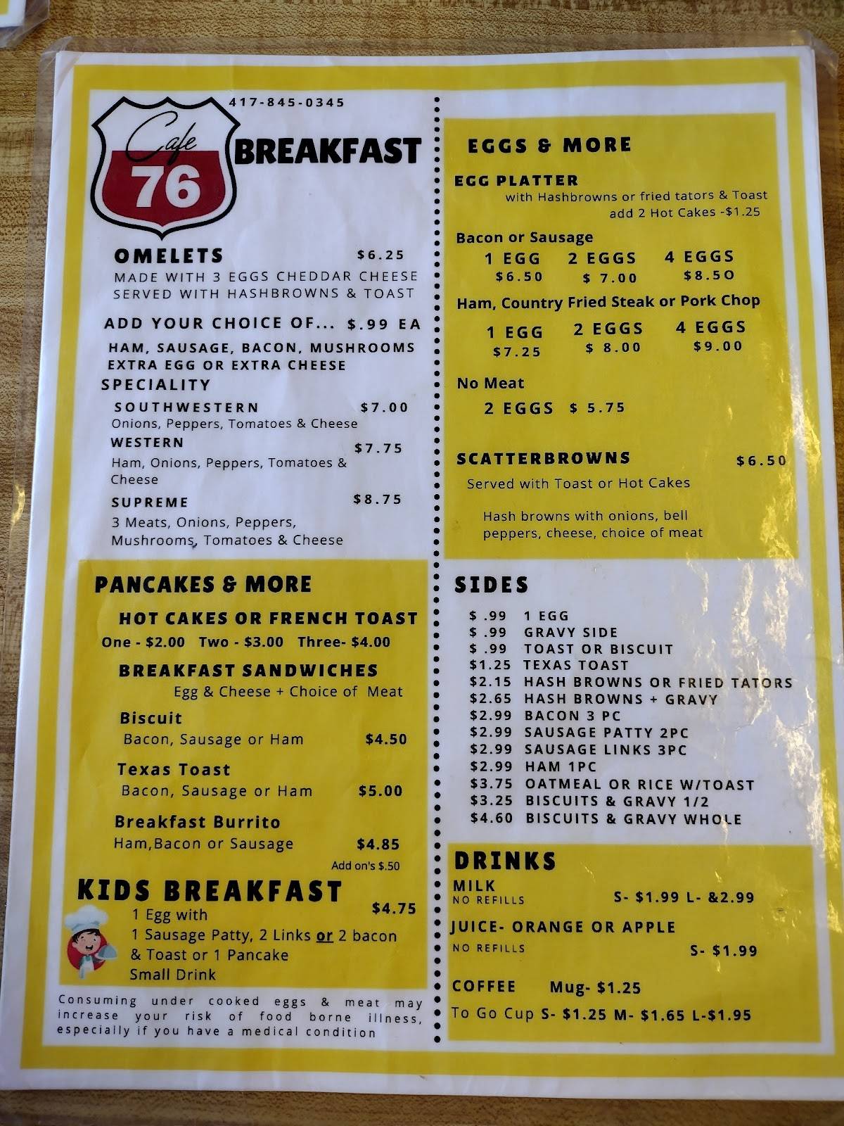 Menu at Café 76 restaurant, USA