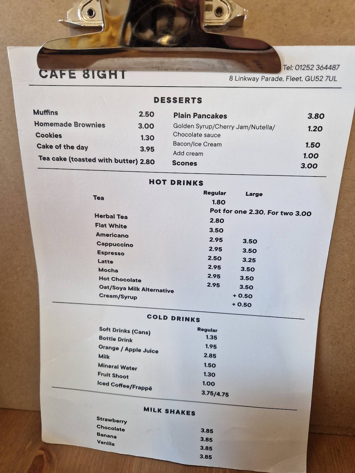 Menu at Café 8ight cafe, Fleet