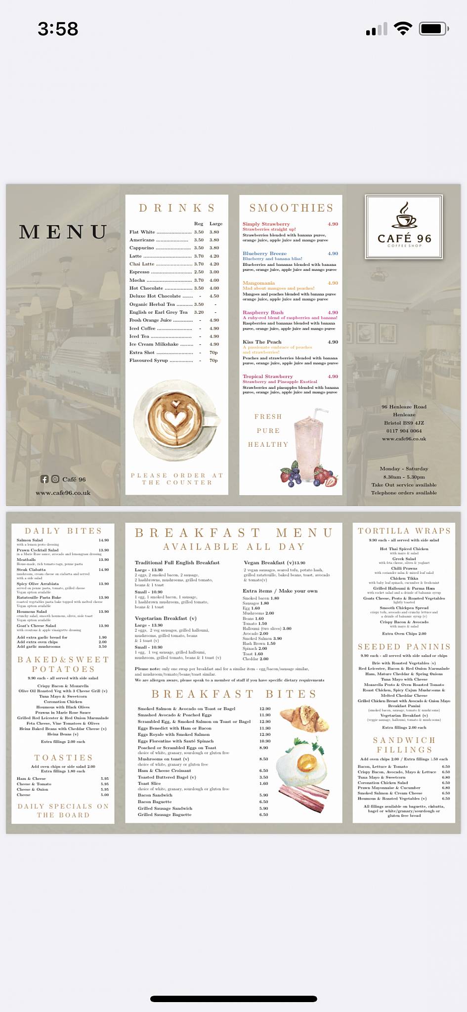 Menu at Cafe 96, Bristol