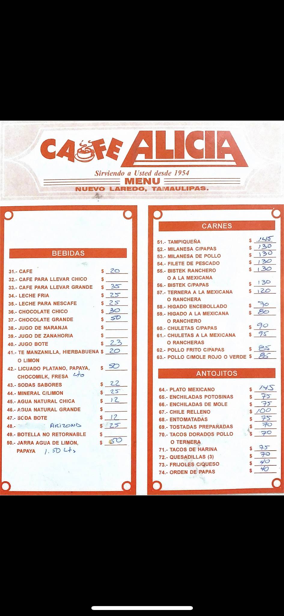 Menu at Cafe Alicia, Nuevo Laredo