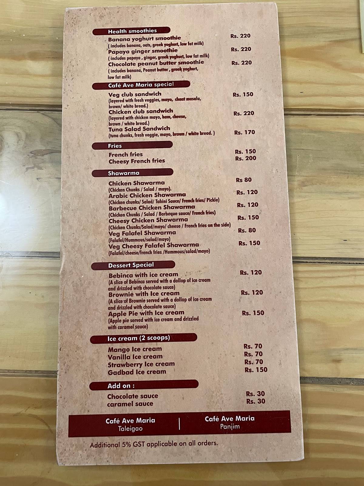 Menu at Cafe Ave Maria - Panjim, Panaji