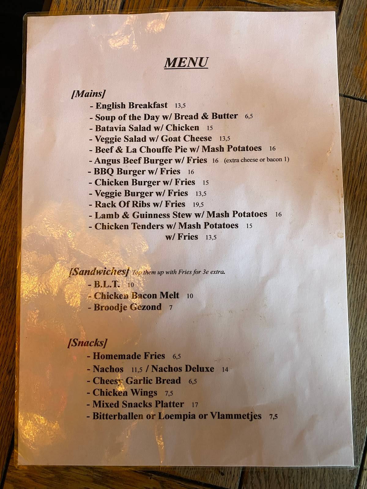 Menu at Café Batavia 1920, Amsterdam
