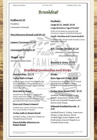 Menu at Betty Jane's Kitchen cafe, Paris, N Main St