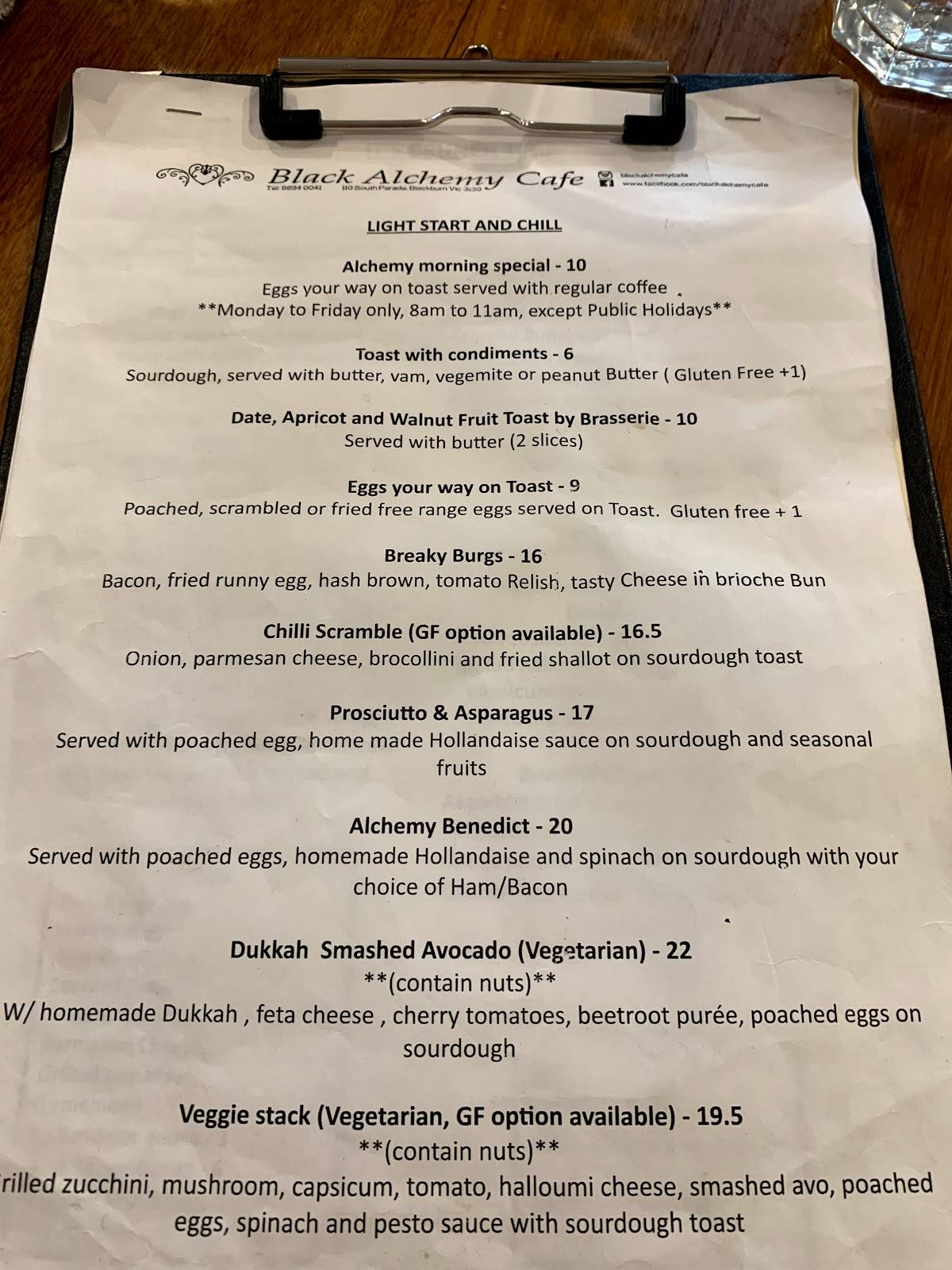 Menu at Black Alchemy Cafe, Blackburn