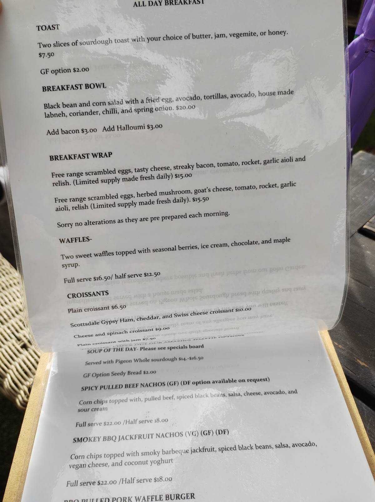 Menu at Boho At The Beach cafe, Kingston Beach