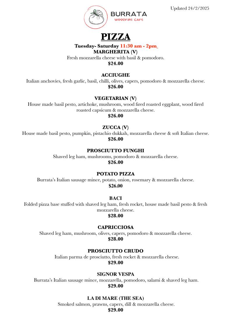 Menu at Burrata Wood Fired Cafe, Albany