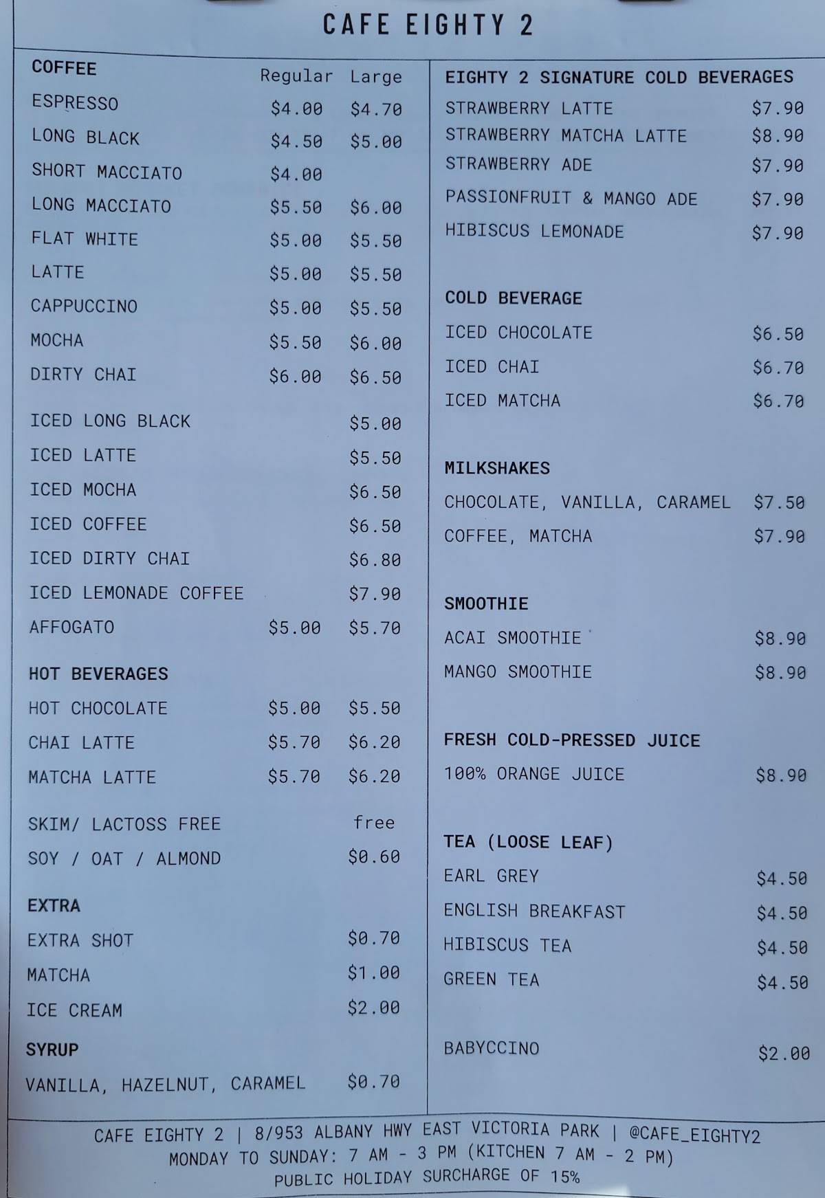 Menu at Cafe Eighty2, East Victoria Park