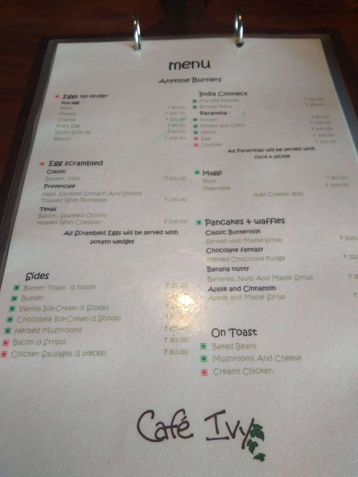 Menu at Cafe Ivy, Mussoorie