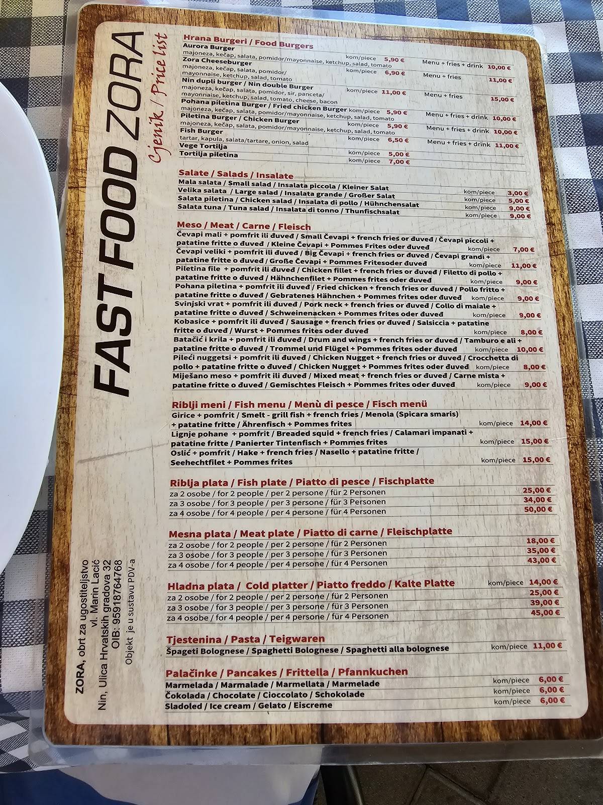 Menu at Caffe Zora cafe, Nin