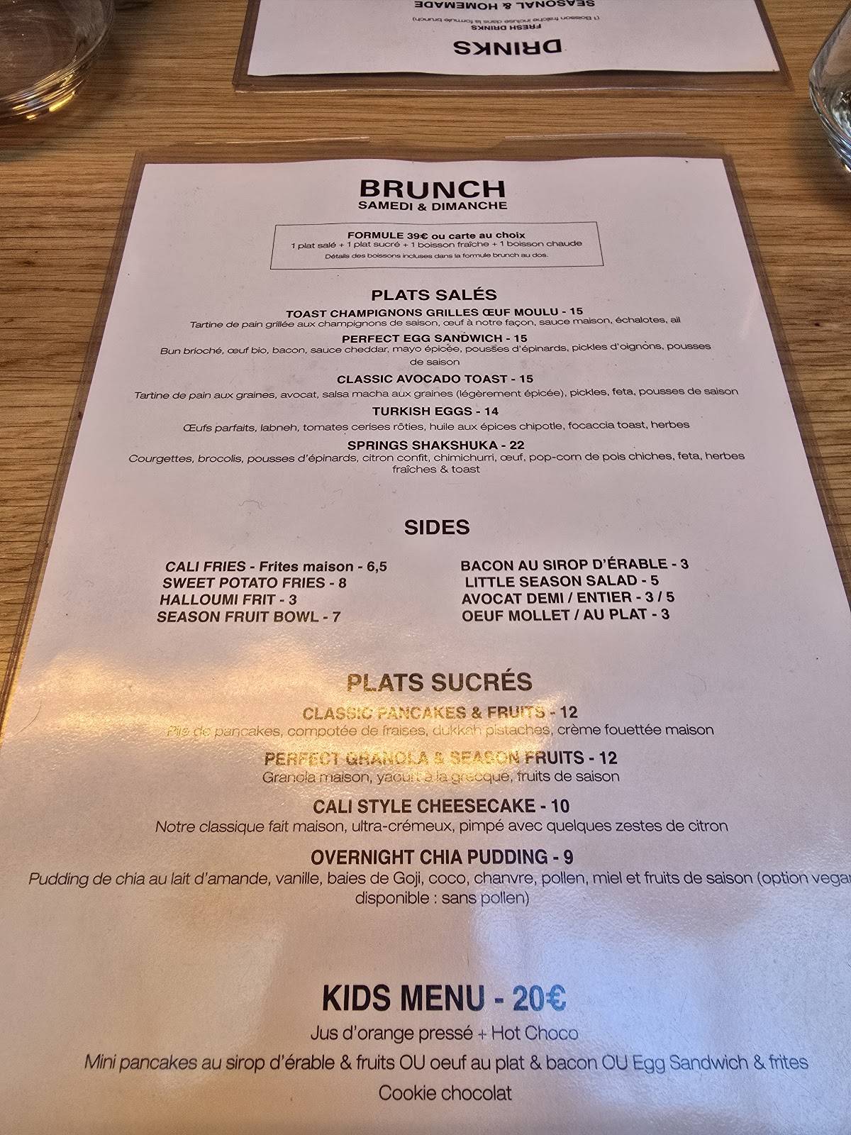 Menu au Cali Sisters café, Paris