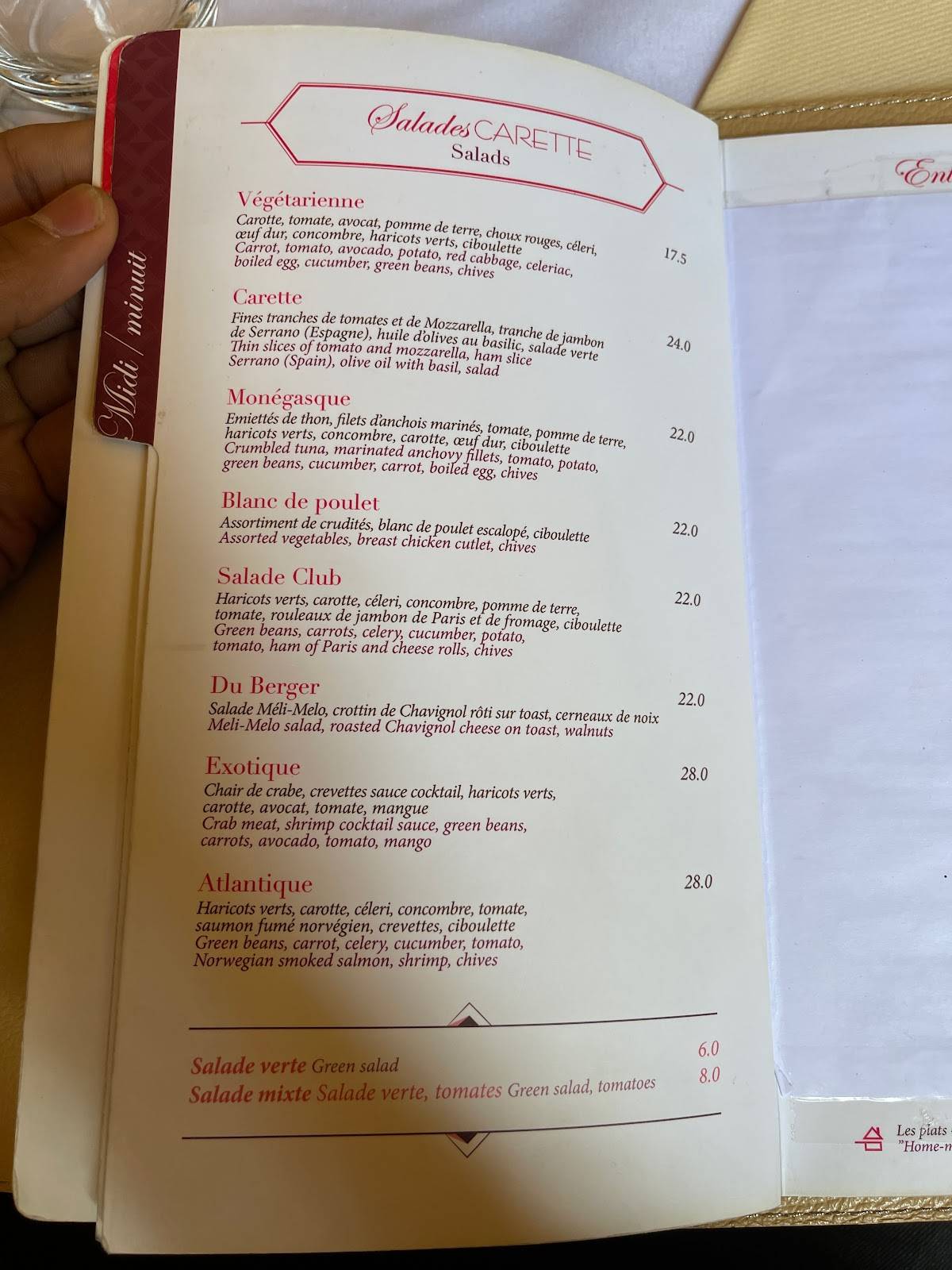 Menu at Carette pub & bar, Paris, 25 Pl. des Vosges