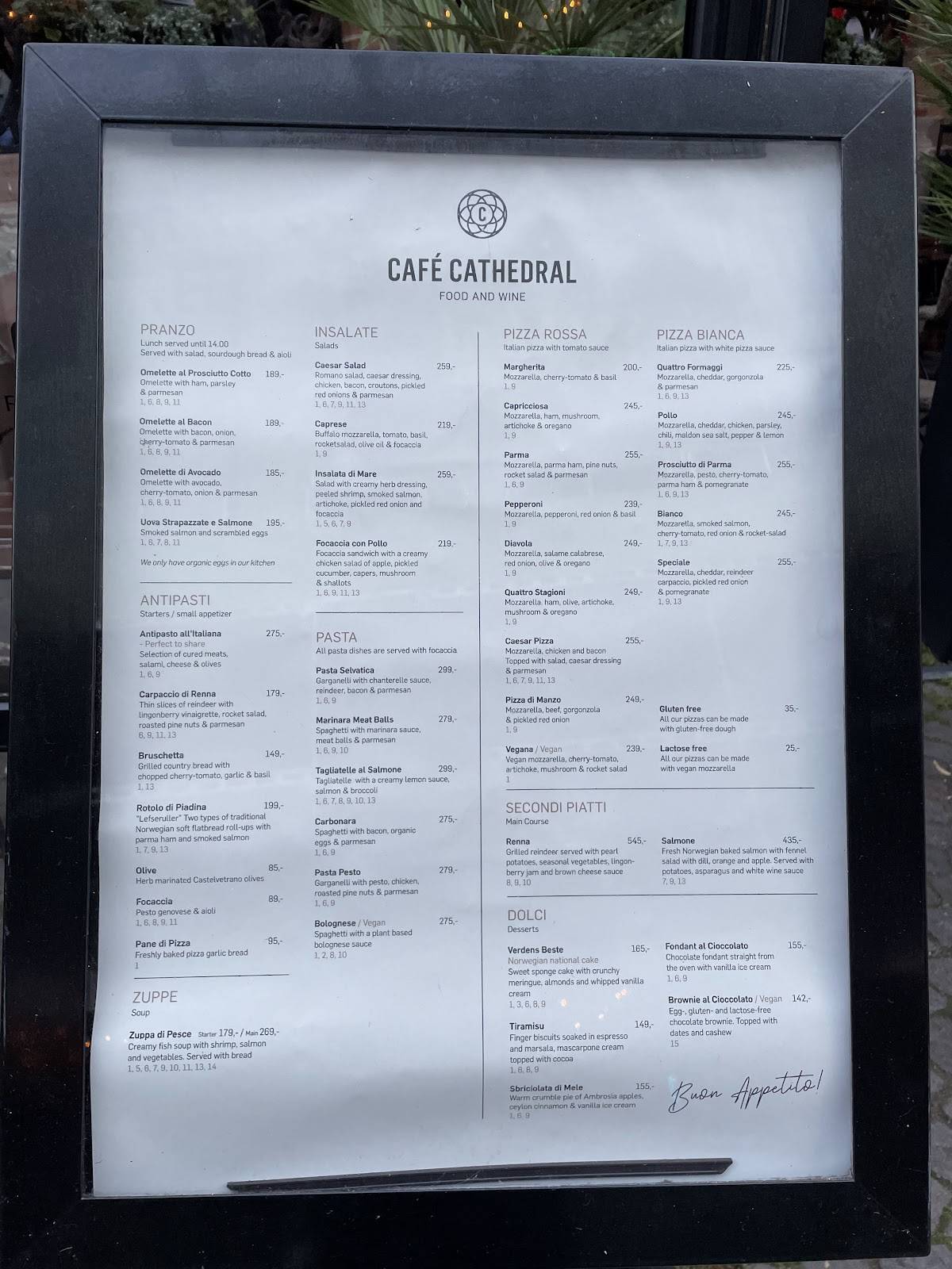 Menu at Café Cathedral pizzeria, Oslo