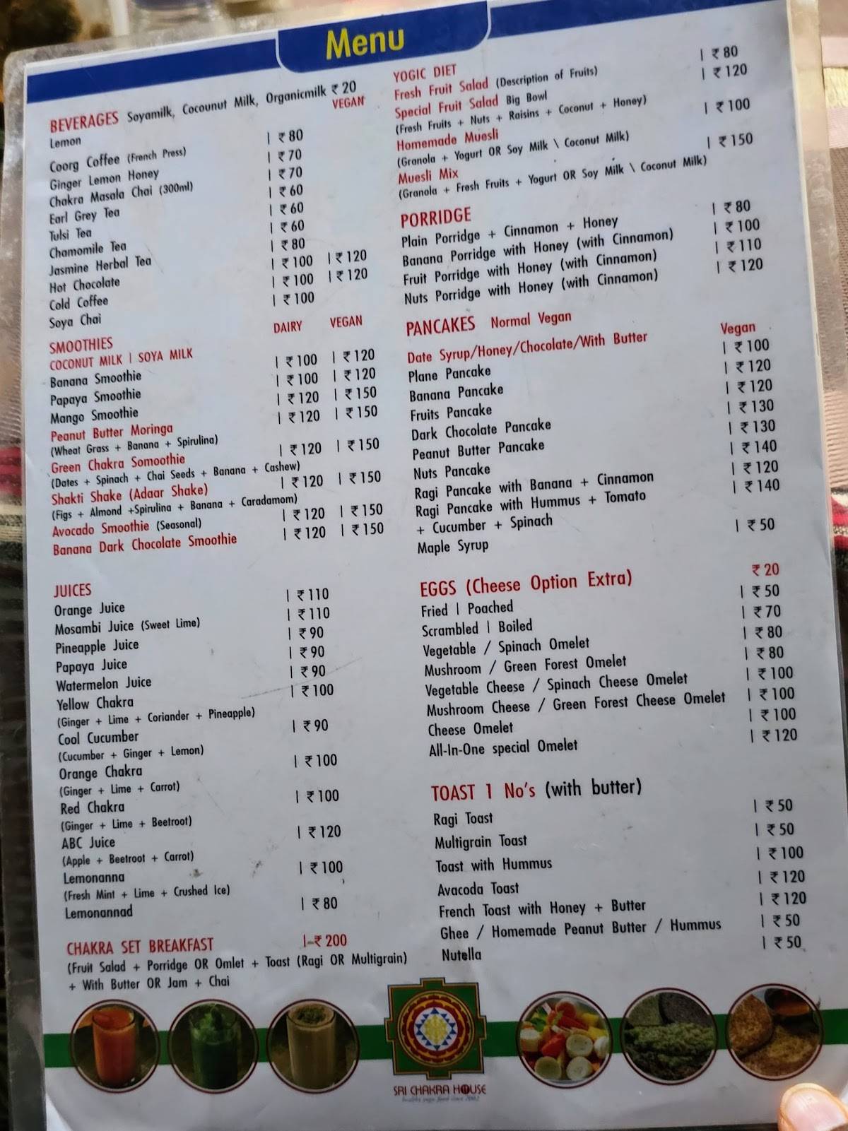 Menu at Chakra House Cafe, Mysuru