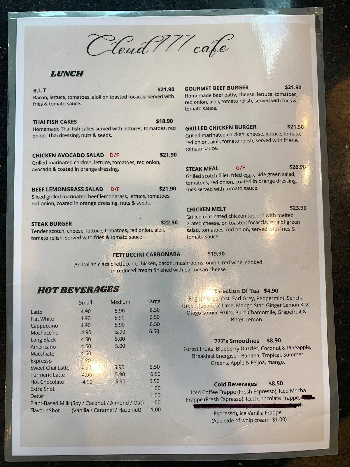 Menu at Cloud 777 Cafe, Auckland, 4 Clemow Dr