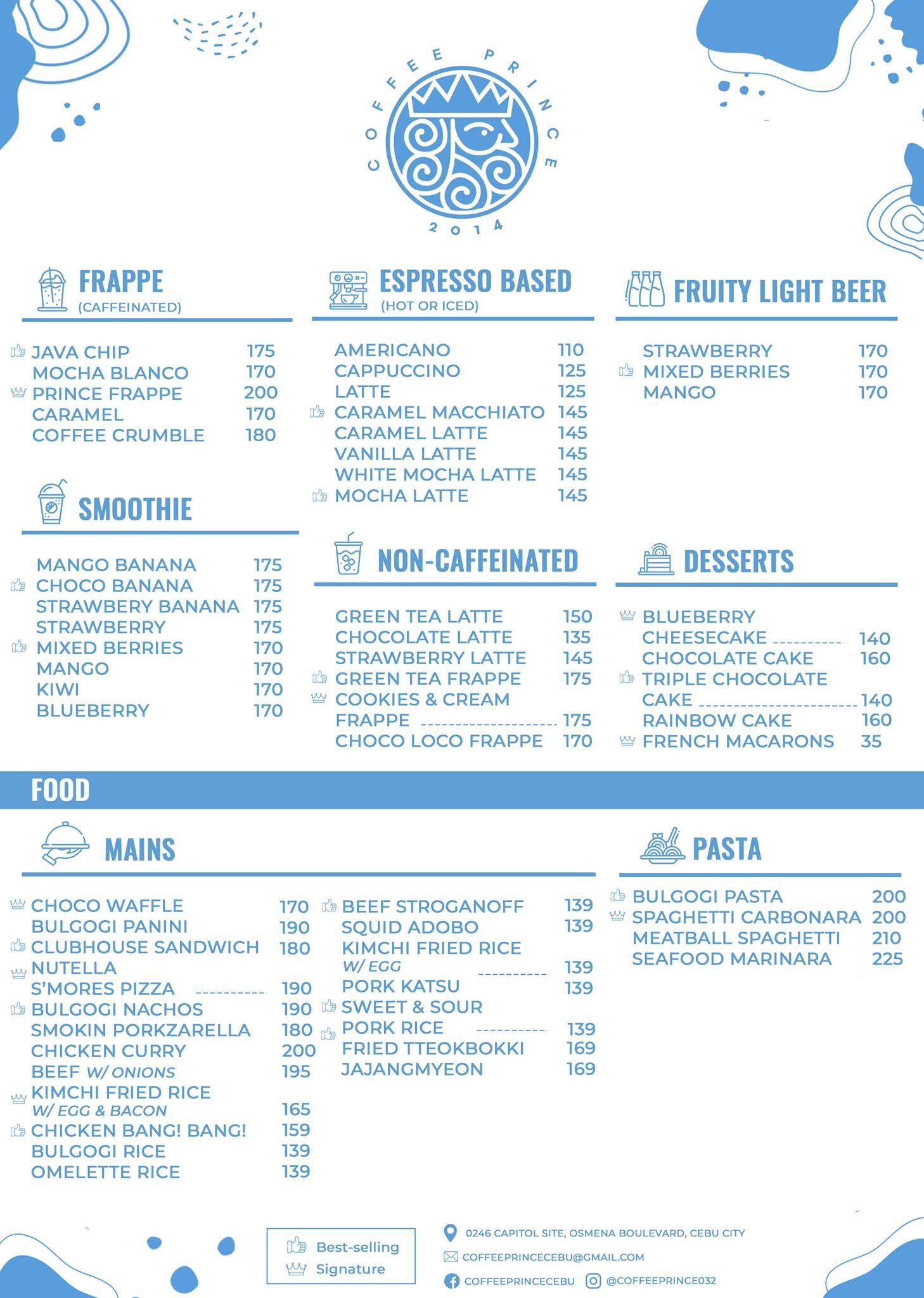 Menu at Coffee Prince cafe, Cebu City, Osmeña Blvd