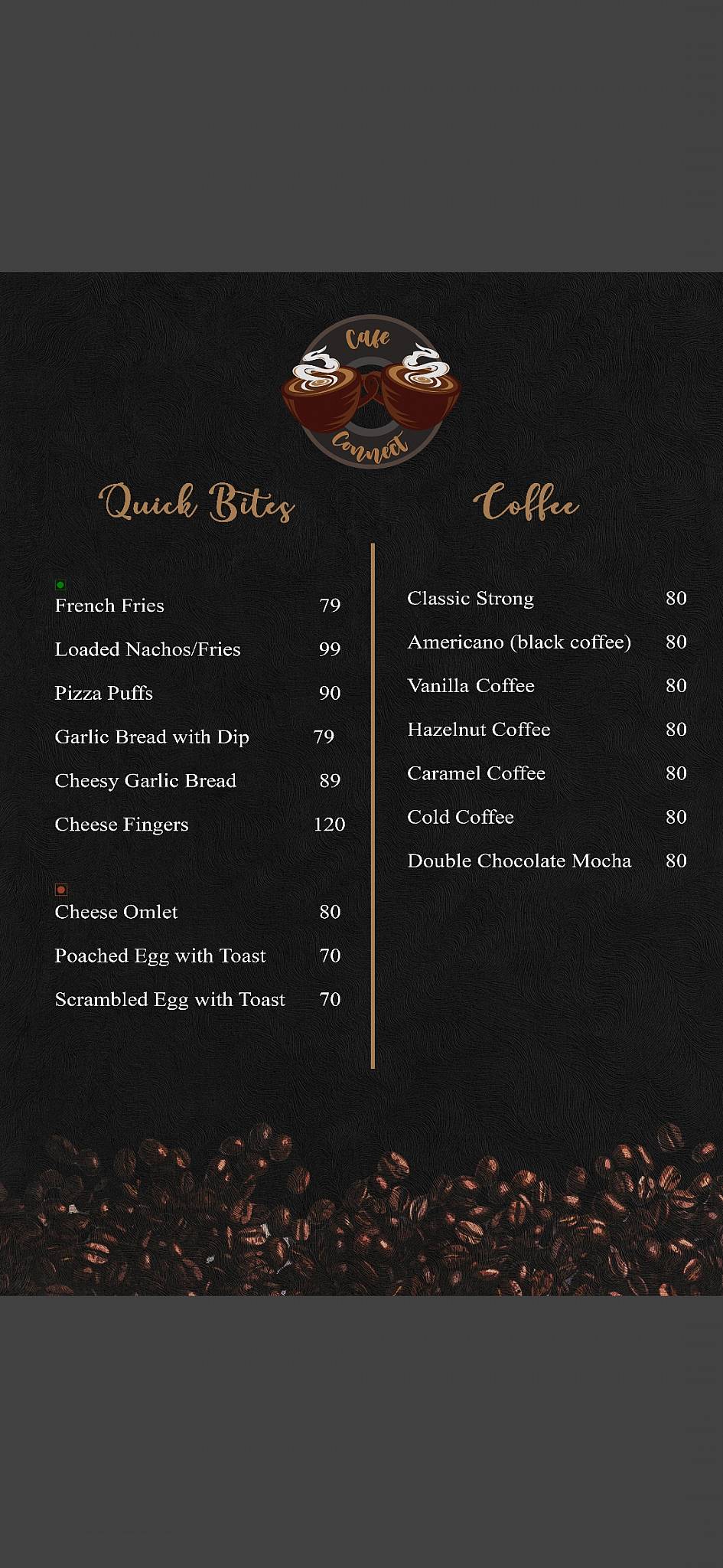 Menu at Cafe Connect, Bengaluru, Surevy No. 406